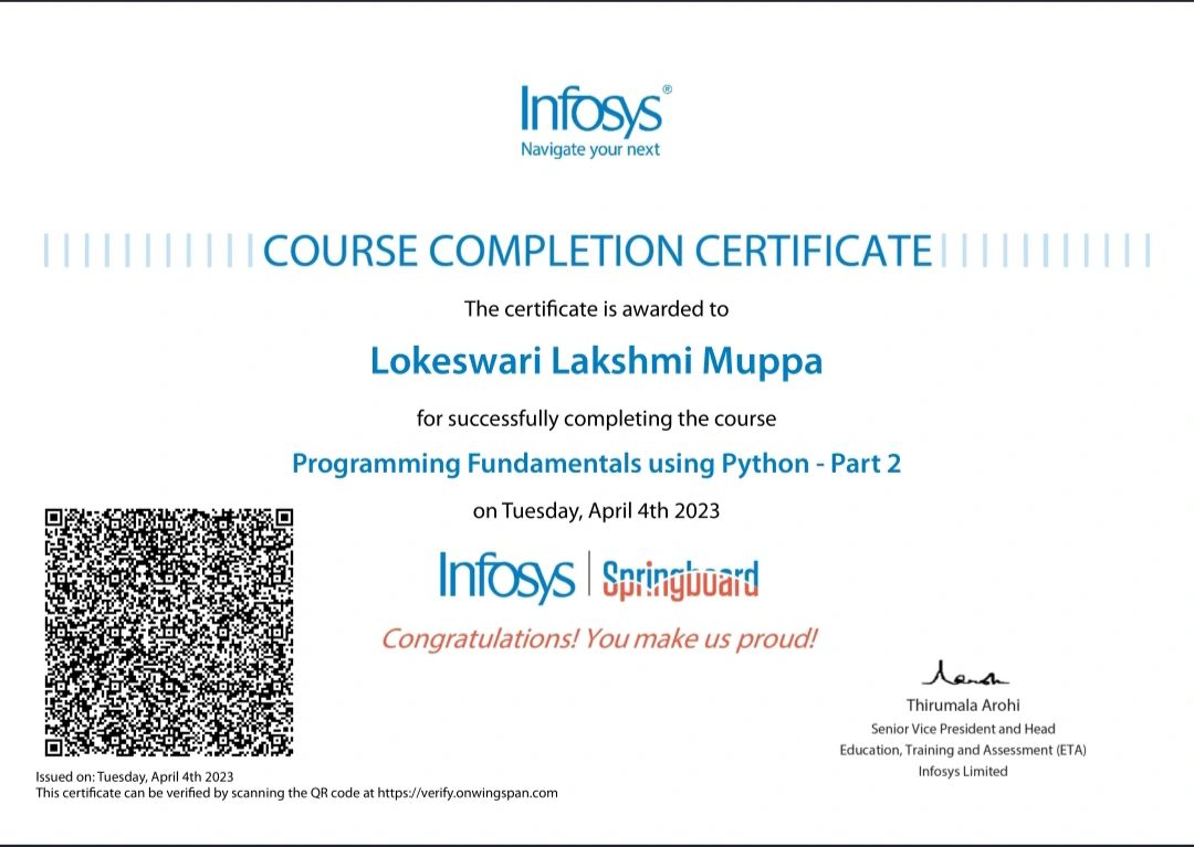 Lokeswari Lakshmi Muppa on LinkedIn: #infosysspringboard #python Lokeswari Lakshmi Muppa on LinkedIn: #infosysspringboard #python
