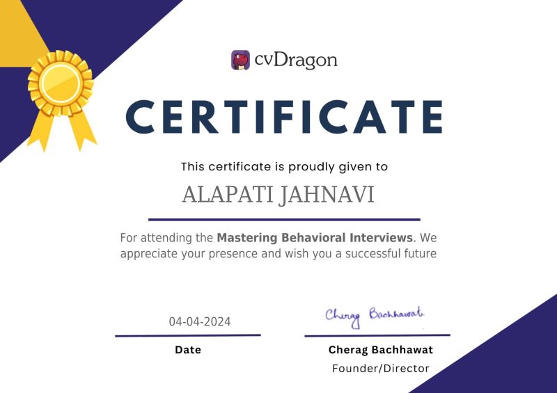 Finished behavioural interviews with CV Dragon | Alapati Jahnavi posted ... Finished behavioural interviews with CV Dragon | Alapati Jahnavi posted ...