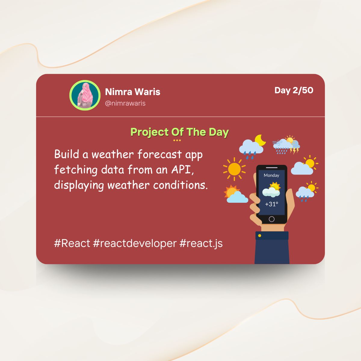 Nimra Waris on LinkedIn: 2/50 React.Js Project of the Day Nimra Waris on LinkedIn: 2/50 React.Js Project of the Day