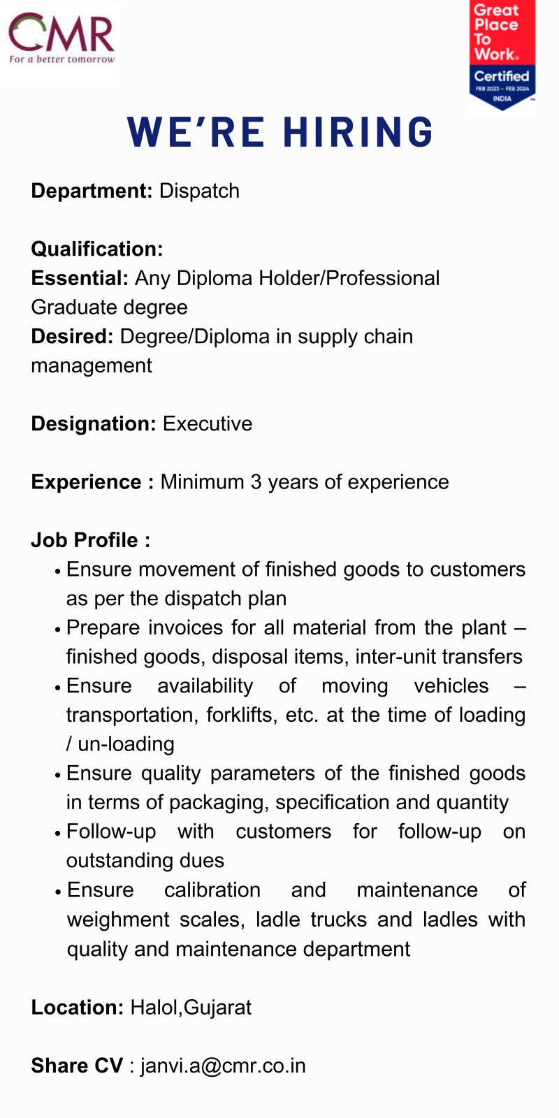 kalpit Parmar on LinkedIn: Hiring at CMR kalpit Parmar on LinkedIn: Hiring at CMR