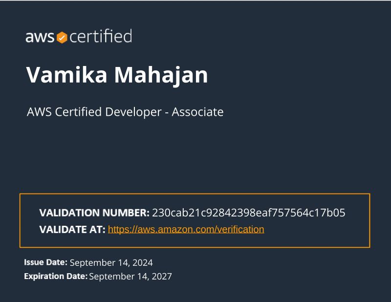 Vamika Mahajan on LinkedIn: #aws #clouddevelopment #awscertified # ... Vamika Mahajan on LinkedIn: #aws #clouddevelopment #awscertified # ...
