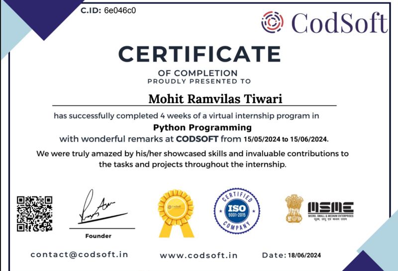 Mohit Tiwari on LinkedIn: #python #programming #internship #codsoft # ... Mohit Tiwari on LinkedIn: #python #programming #internship #codsoft # ...