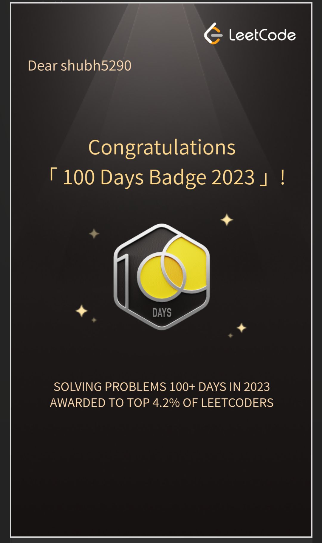 Earned 100 Days LeetCode Badge | SHUBHAM SINGH posted on the topic ... Earned 100 Days LeetCode Badge | SHUBHAM SINGH posted on the topic ...