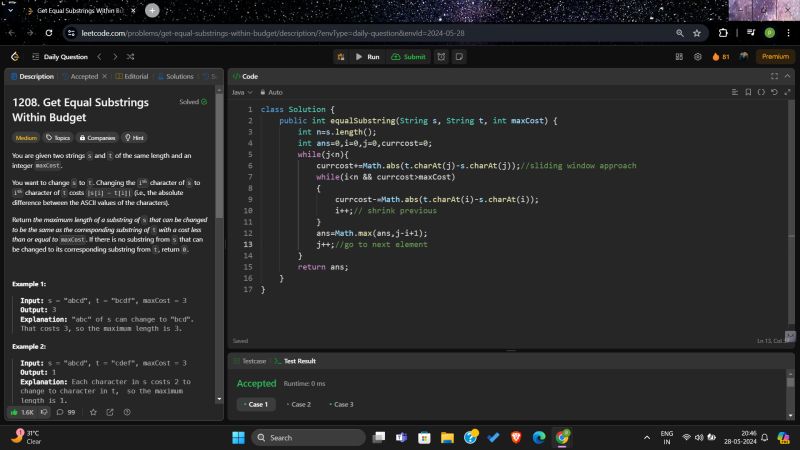 Pratik Shelke on LinkedIn: Day 102: Problem Name : Get Equal Substrings ... Pratik Shelke on LinkedIn: Day 102: Problem Name : Get Equal Substrings ...