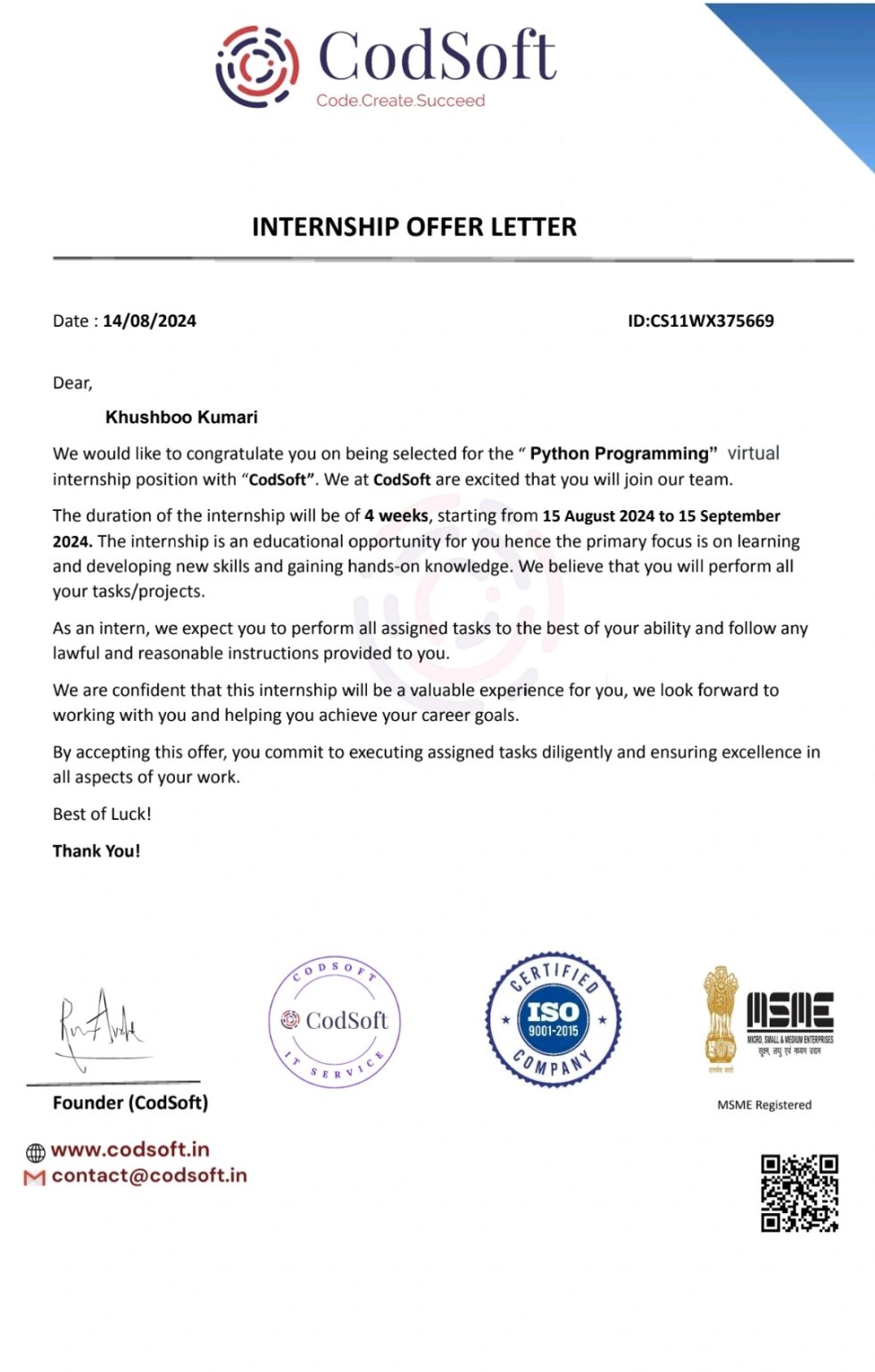 Khushboo Kumari on LinkedIn: #codsoft #internship #codsoft #python Khushboo Kumari on LinkedIn: #codsoft #internship #codsoft #python