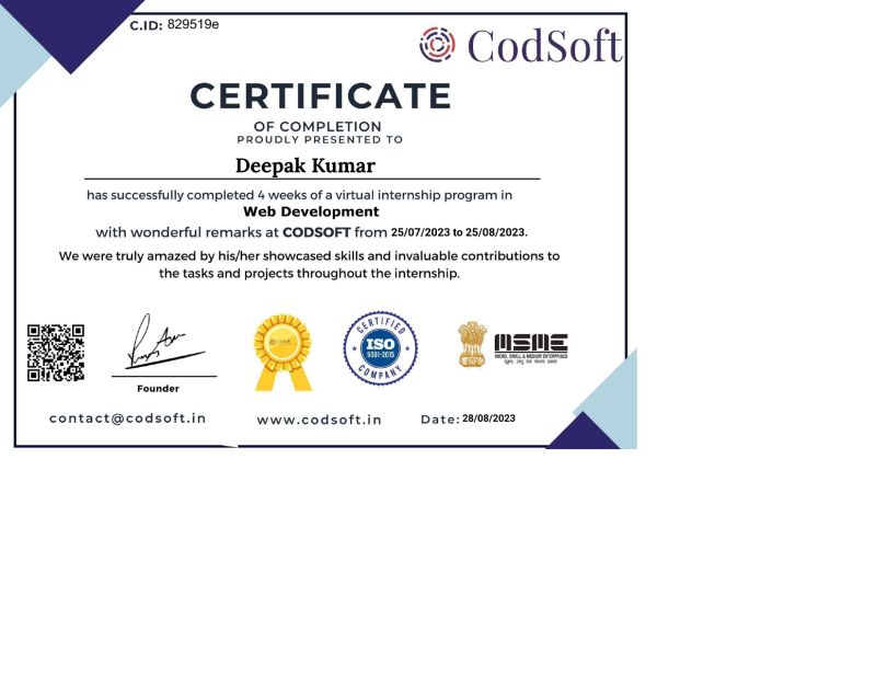 Deepak Kumar on LinkedIn: #codsoft #webdevelopment #internship2023 Deepak Kumar on LinkedIn: #codsoft #webdevelopment #internship2023