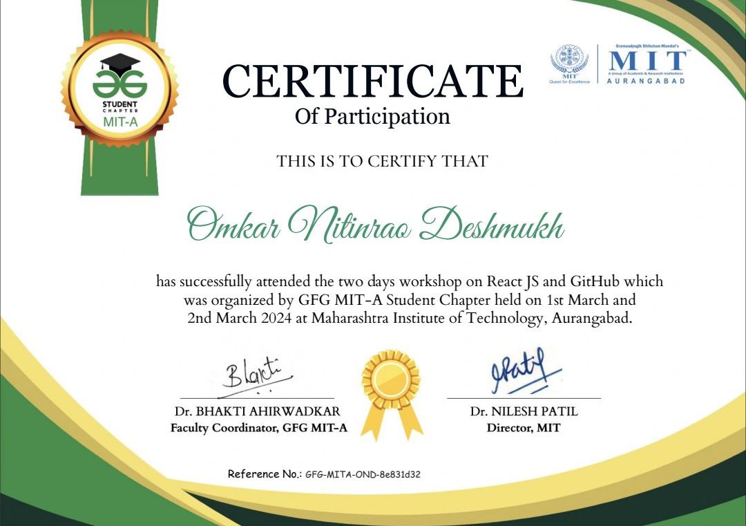 Earned a workshop certificate on React Js and Github | Omkar Deshmukh ... Earned a workshop certificate on React Js and Github | Omkar Deshmukh ...
