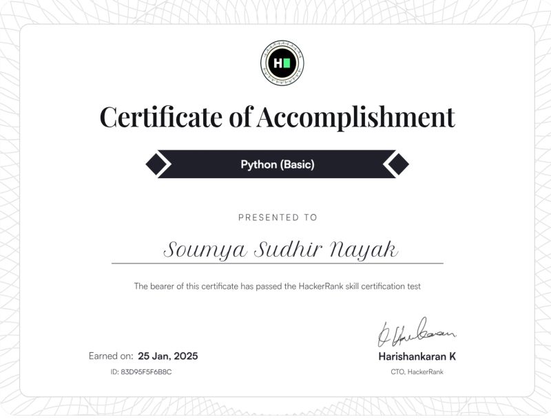 Soumya Sudhir Nayak on LinkedIn: #hackerrank #python #certification # ... Soumya Sudhir Nayak on LinkedIn: #hackerrank #python #certification # ...