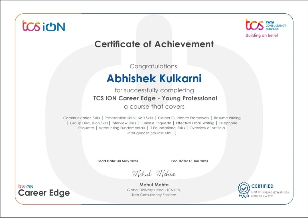 Abhishek Kulkarni on LinkedIn: #tcsion #youngprofessional # ... Abhishek Kulkarni on LinkedIn: #tcsion #youngprofessional # ...