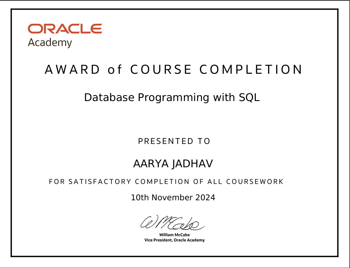 Aarya Jadhav on LinkedIn: #databaseprogramming #sql #oracleacademy # ... Aarya Jadhav on LinkedIn: #databaseprogramming #sql #oracleacademy # ...