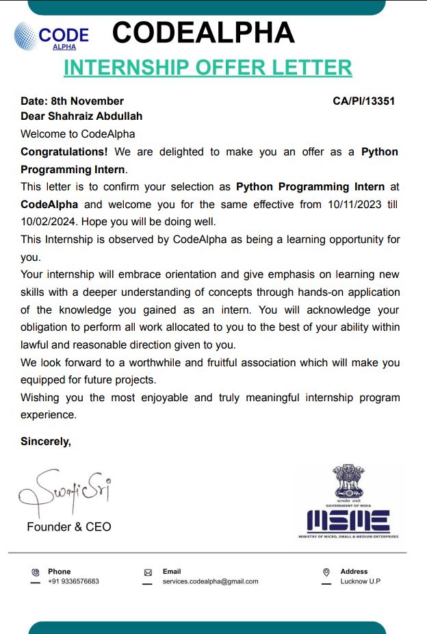 Shahraiz Abdullah on LinkedIn: #pythoninternship #codealpha # ... Shahraiz Abdullah on LinkedIn: #pythoninternship #codealpha # ...