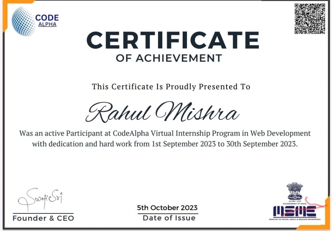 Rahul Mishra on LinkedIn: #webdevelopment #internshipcomplete #codealpha Rahul Mishra on LinkedIn: #webdevelopment #internshipcomplete #codealpha