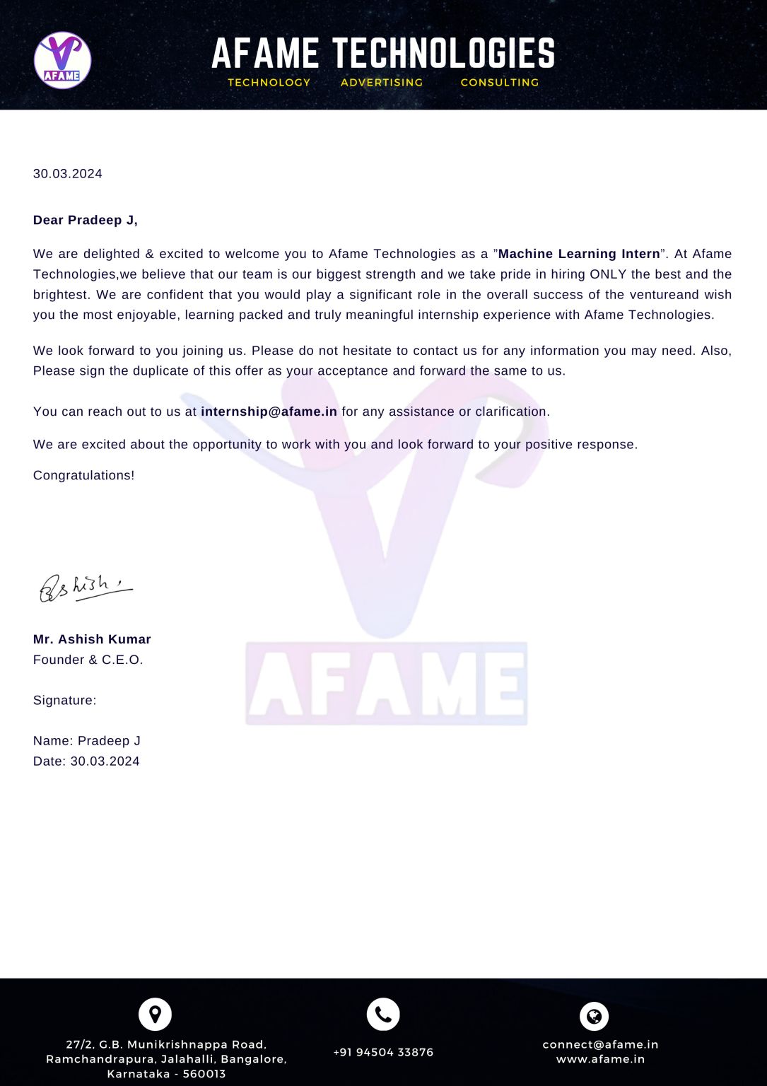 PRADEEP J on LinkedIn: #machinelearning #internship #afametechnologies PRADEEP J on LinkedIn: #machinelearning #internship #afametechnologies