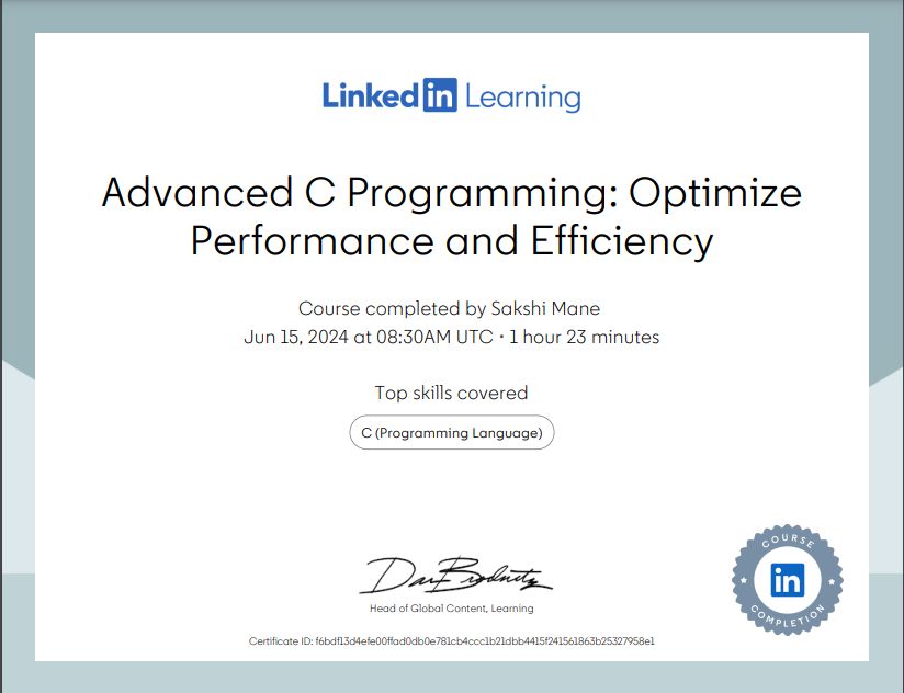 Completed Advanced C Programming course | Sakshi Mane posted on the ... Completed Advanced C Programming course | Sakshi Mane posted on the ...