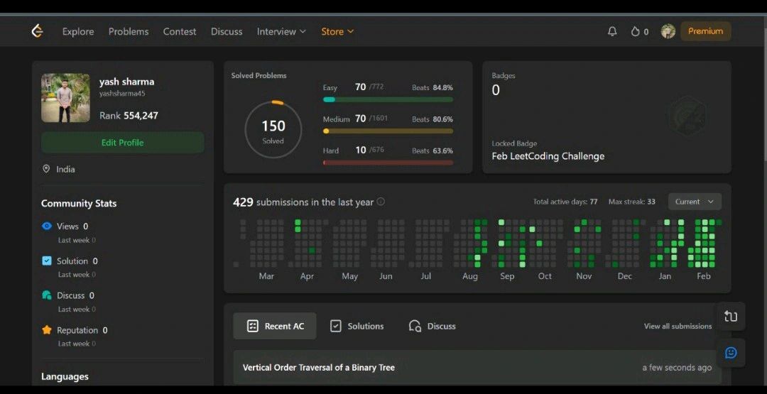 Achieved 150 LeetCode problems! | Yash sharma posted on the topic ... Achieved 150 LeetCode problems! | Yash sharma posted on the topic ...