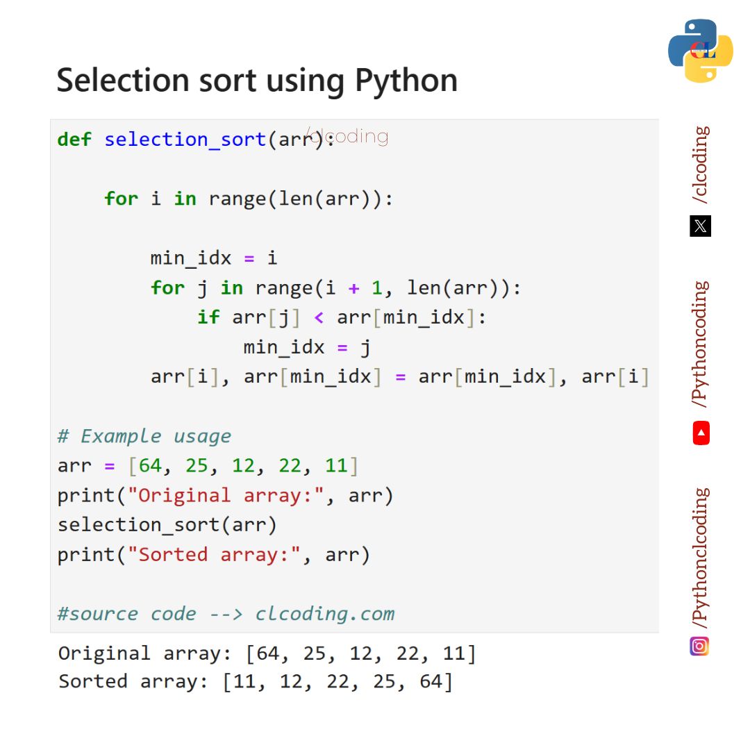 Selection sort using Python | Python Coding Selection sort using Python | Python Coding