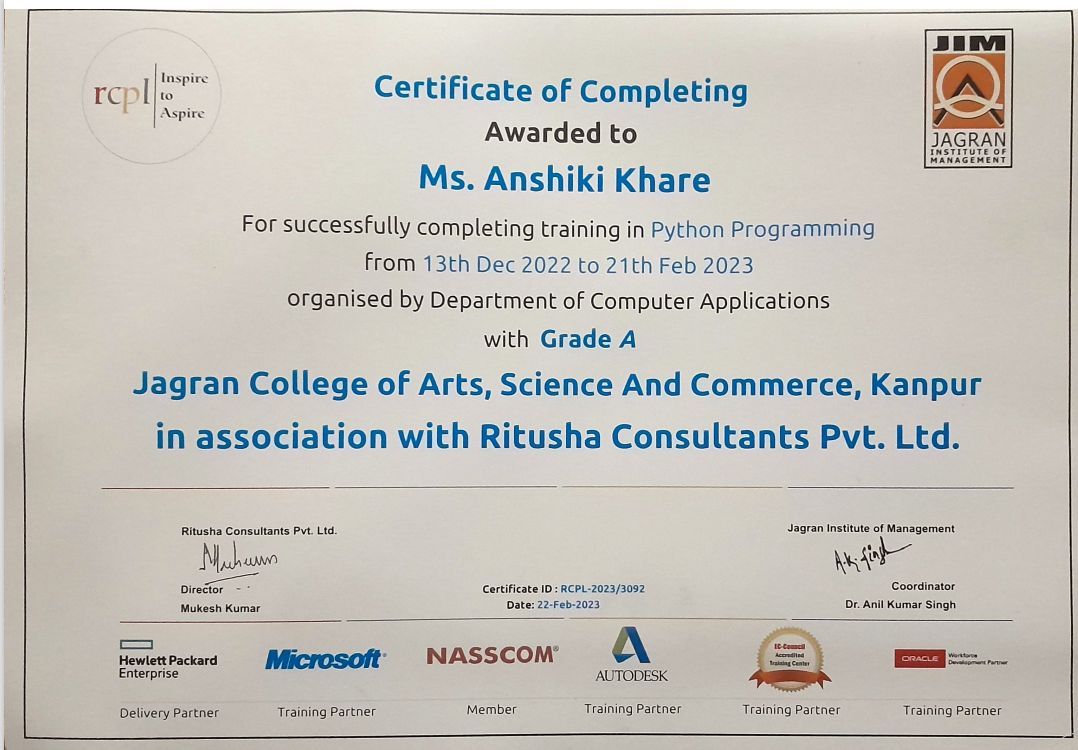 Anshiki Khare on LinkedIn: Certificate of completing Python Programming ... Anshiki Khare on LinkedIn: Certificate of completing Python Programming ...
