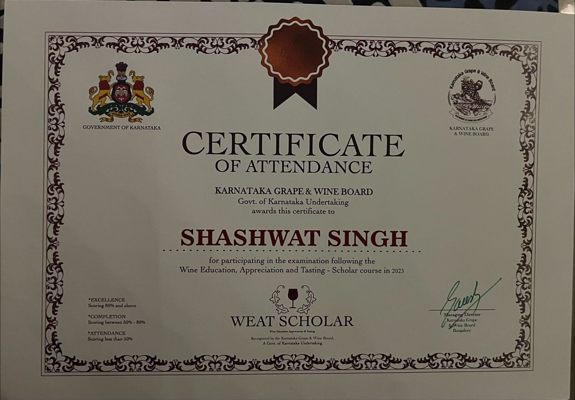 Shashwat Singh on LinkedIn: Got a certificate for attending a wine ... Shashwat Singh on LinkedIn: Got a certificate for attending a wine ...