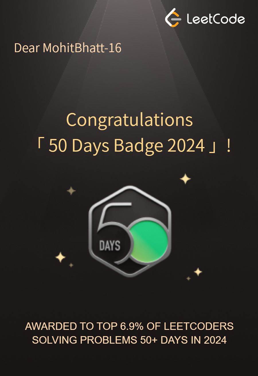 Earned 50 Days Badge on LeetCode for 2024 | Mohit Bhatt posted on the ... Earned 50 Days Badge on LeetCode for 2024 | Mohit Bhatt posted on the ...