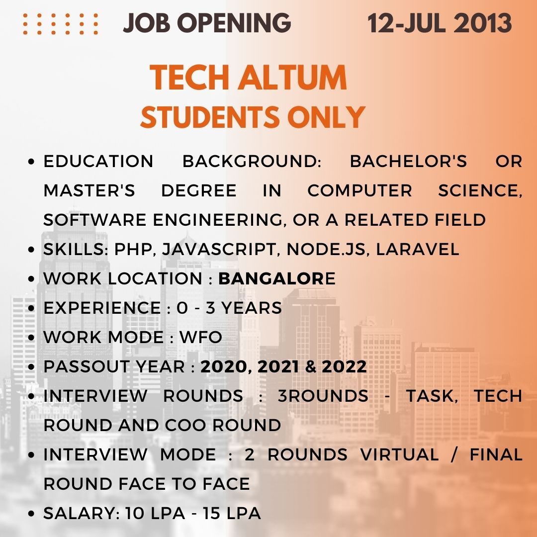 Tech Altum on LinkedIn: #jobopportunity #techaltum #students # ... Tech Altum on LinkedIn: #jobopportunity #techaltum #students # ...
