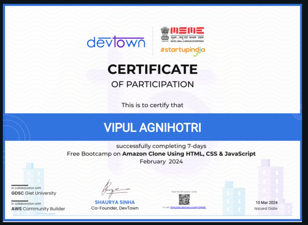 Vipul Agnihotri on LinkedIn: #html #css #javascript #devtown #certificate Vipul Agnihotri on LinkedIn: #html #css #javascript #devtown #certificate