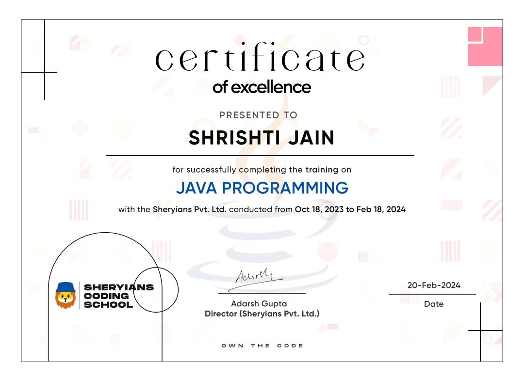 Shrishti Jain on LinkedIn: #java #programming #codingjourney #sherry Shrishti Jain on LinkedIn: #java #programming #codingjourney #sherry