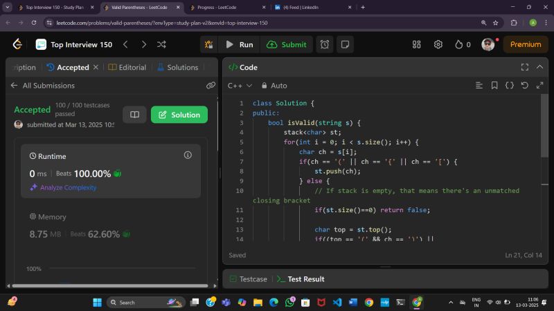 🚀 Solved the 'Valid Parentheses' problem on LeetCode! 🚀 Today, I worked ... 🚀 Solved the 'Valid Parentheses' problem on LeetCode! 🚀 Today, I worked ...