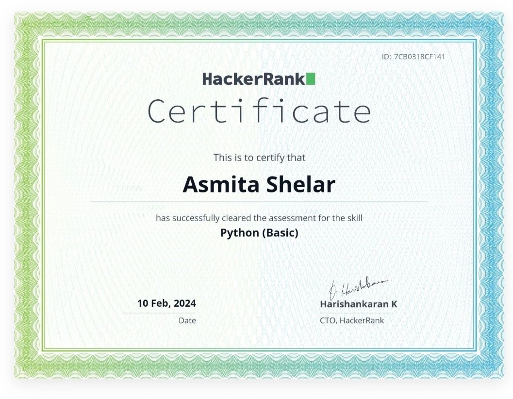 Asmita Shelar on LinkedIn: #codingskills #hackerrankcertified #pythoncoding Asmita Shelar on LinkedIn: #codingskills #hackerrankcertified #pythoncoding