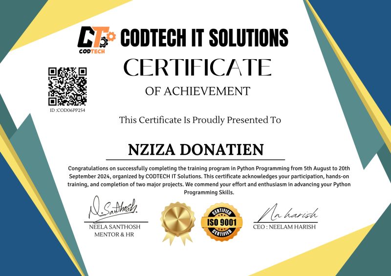 NZIZA Donatien on LinkedIn: I took the Python training at CODTECH IT ... NZIZA Donatien on LinkedIn: I took the Python training at CODTECH IT ...