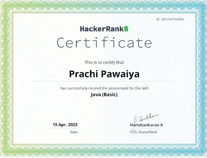 Prachi Pawaiya on LinkedIn: #hackerrank #java #certificate Prachi Pawaiya on LinkedIn: #hackerrank #java #certificate