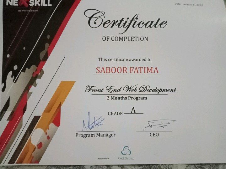 Saboor Fatima on LinkedIn: Front-End Completion Certificate 🎓 Saboor Fatima on LinkedIn: Front-End Completion Certificate 🎓