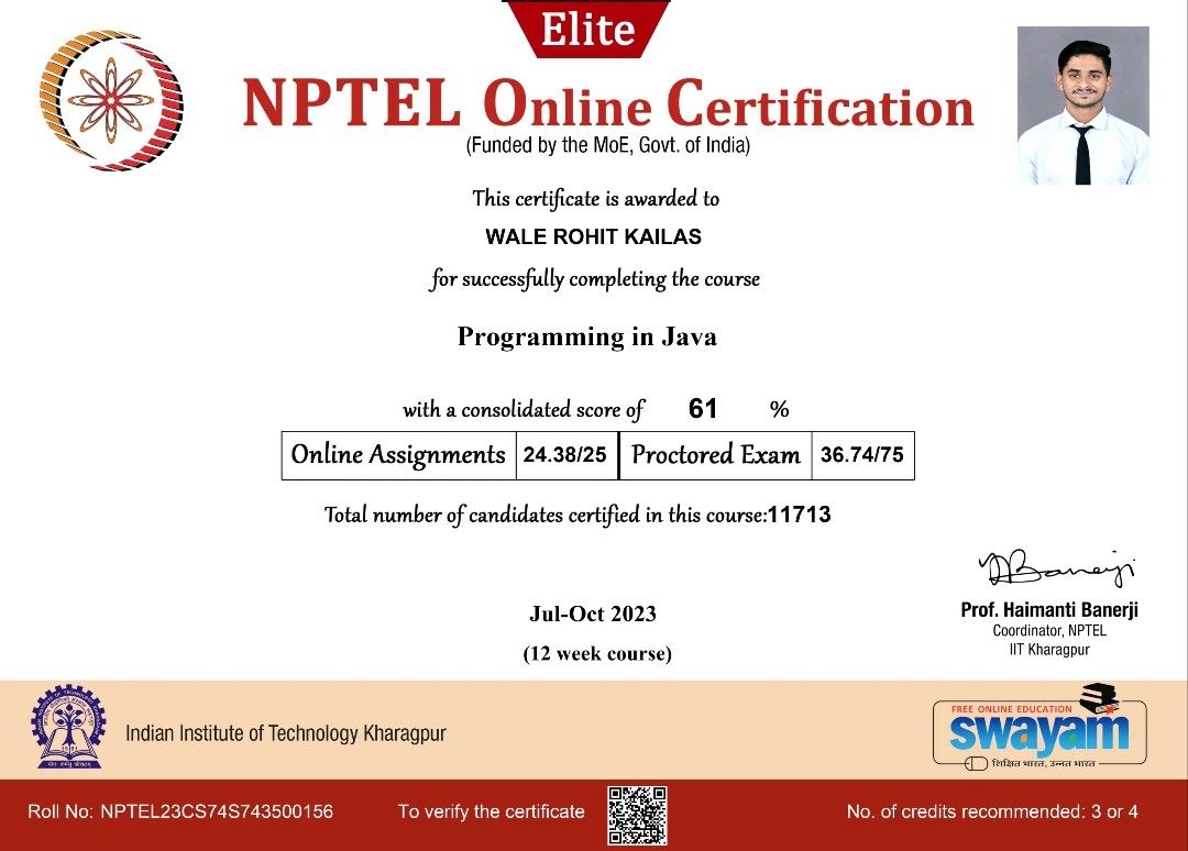 Rohit Wale on LinkedIn: #nptel #java #elite Rohit Wale on LinkedIn: #nptel #java #elite