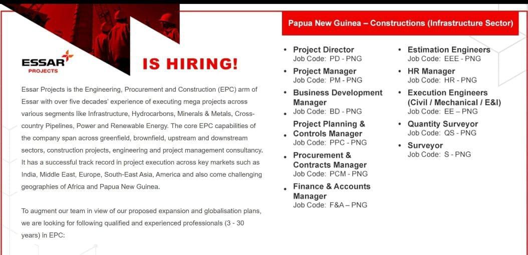 Sweta Pandey on LinkedIn: #essarprojects #papuanewguinea #jobopening # ... Sweta Pandey on LinkedIn: #essarprojects #papuanewguinea #jobopening # ...