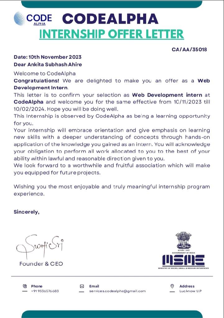 Ankita Ahire on LinkedIn: #codealphainternship #codealpha #internship # ... Ankita Ahire on LinkedIn: #codealphainternship #codealpha #internship # ...