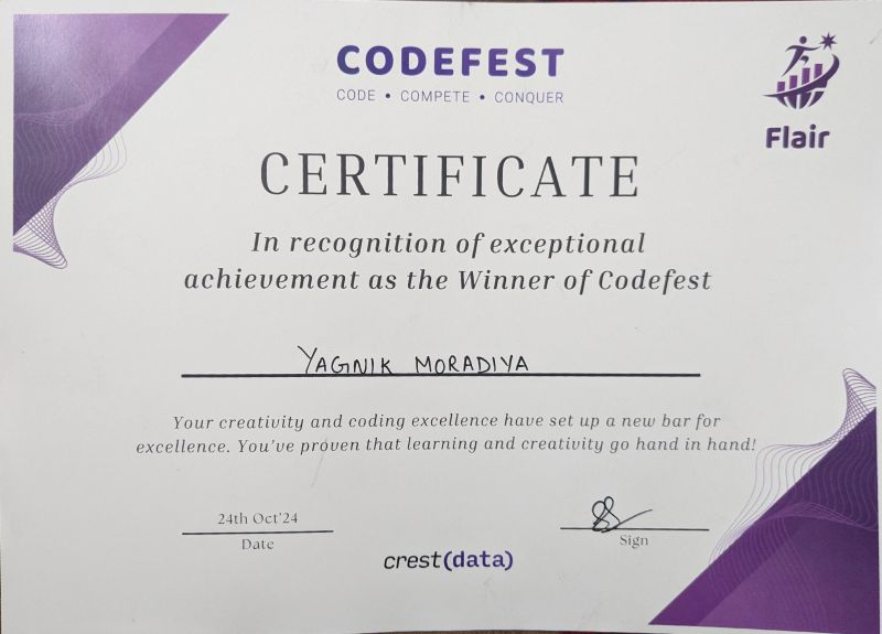 Thrilled to announce that I won 1st Prize at the Codefest event hosted ... Thrilled to announce that I won 1st Prize at the Codefest event hosted ...