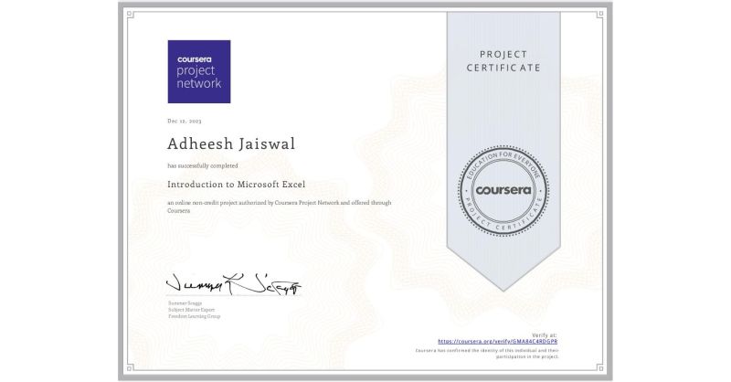 Adheesh Jaiswal on LinkedIn: MS Excel Certificate... Adheesh Jaiswal on LinkedIn: MS Excel Certificate...