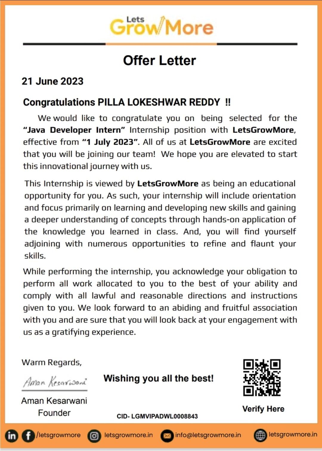 Lokesh Pilla on LinkedIn: #letsgrowmore #internship #javadeveloper Lokesh Pilla on LinkedIn: #letsgrowmore #internship #javadeveloper