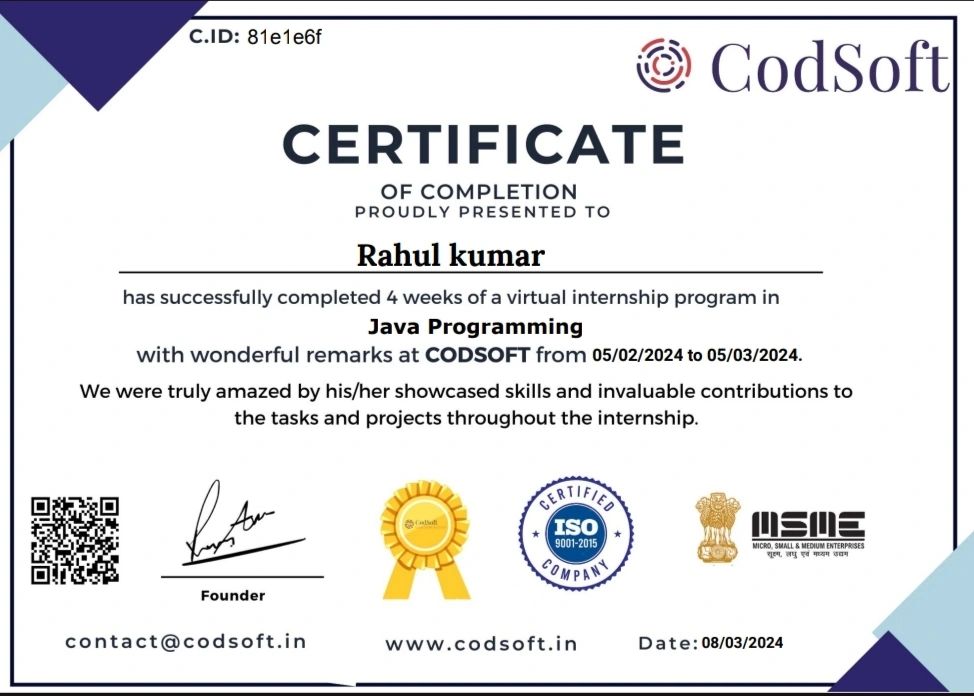 Rahul Kumar on LinkedIn: #codesoft #javaprogramming #intrernship Rahul Kumar on LinkedIn: #codesoft #javaprogramming #intrernship