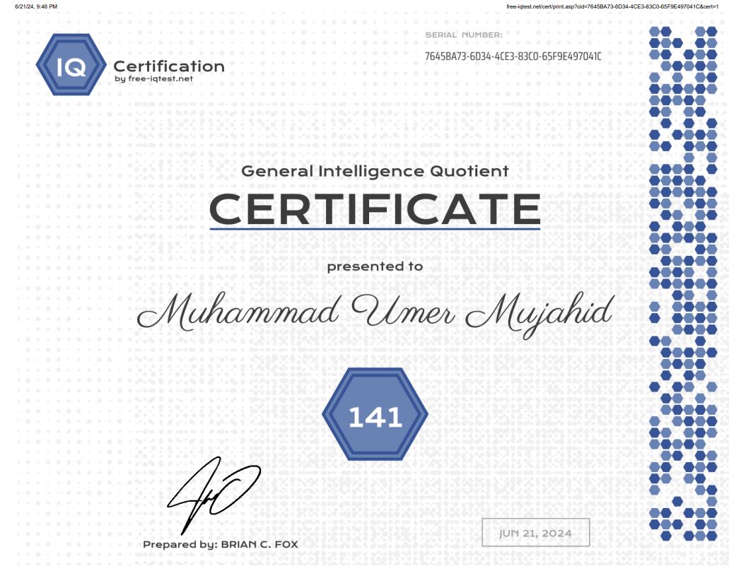 Engr. Muhammad Umer Mujahid on LinkedIn: Here is my IQ score. Thoughts ... Engr. Muhammad Umer Mujahid on LinkedIn: Here is my IQ score. Thoughts ...