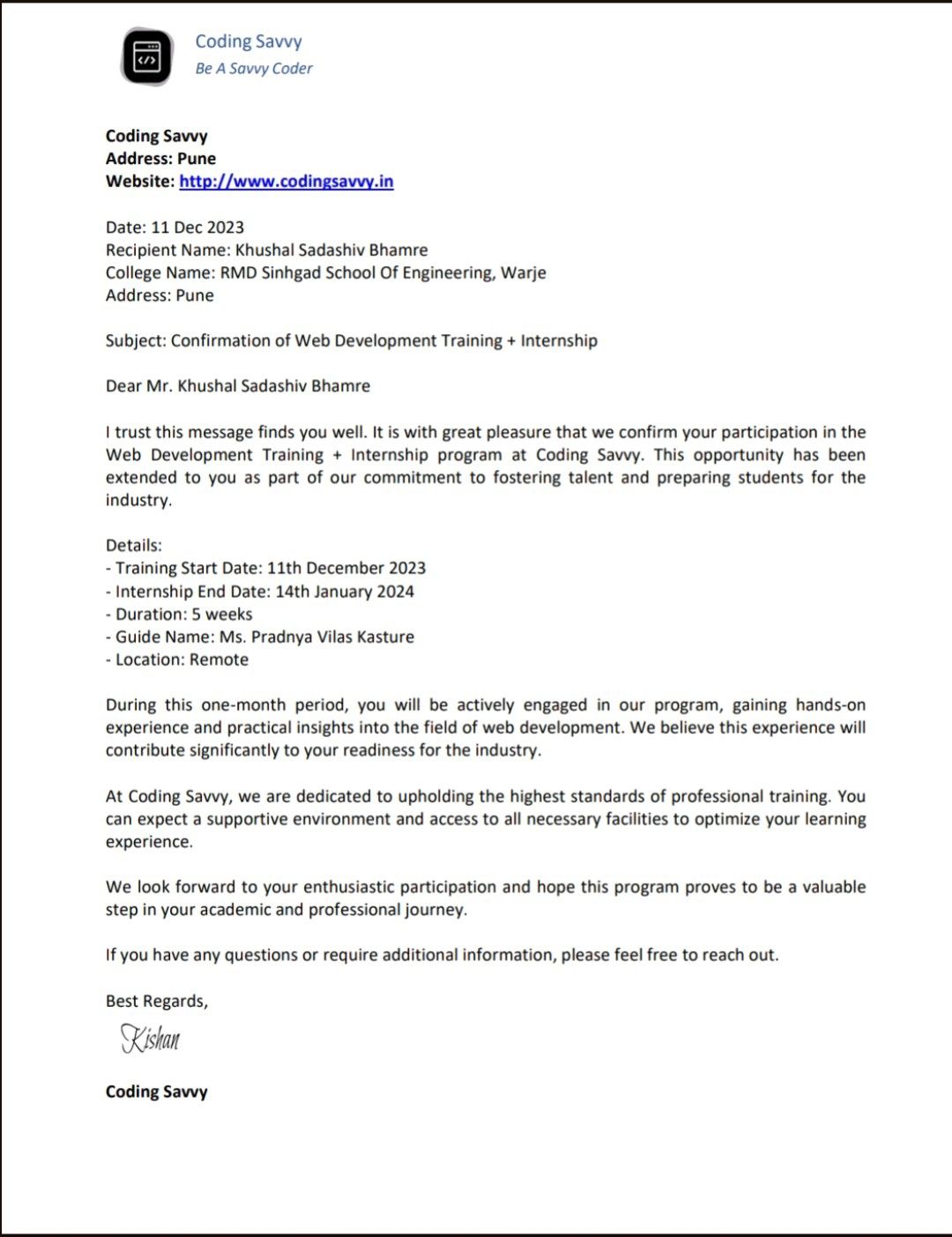 Khushal Bhamre on LinkedIn: #internshipexcitement #codingsavvy Khushal Bhamre on LinkedIn: #internshipexcitement #codingsavvy