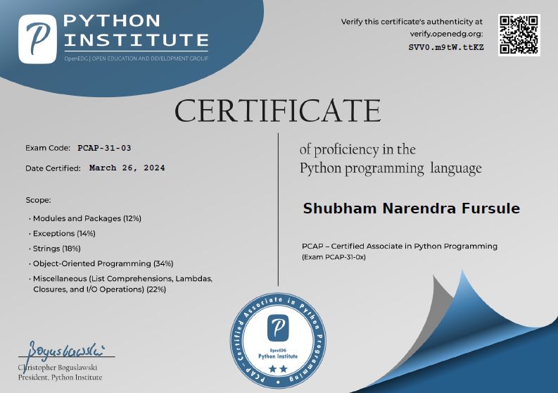 Shubham Fursule on LinkedIn: #python #certification #programmingjourney Shubham Fursule on LinkedIn: #python #certification #programmingjourney