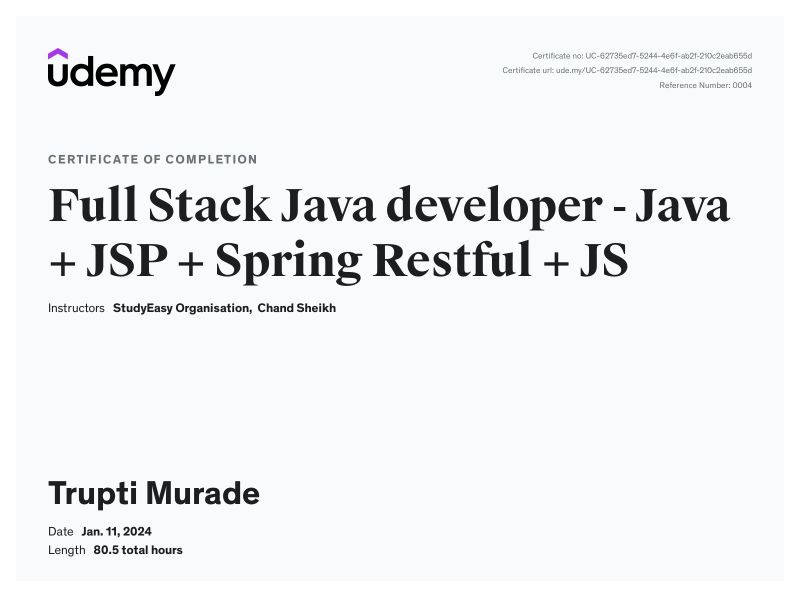 Full Stack Java Developer with Udemy certification | Trupti Murade ... Full Stack Java Developer with Udemy certification | Trupti Murade ...