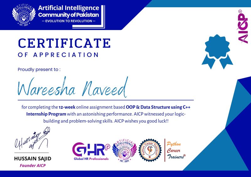 Wareesha Naveed on LinkedIn: #aicp #internship #c #oop #datastructures Wareesha Naveed on LinkedIn: #aicp #internship #c #oop #datastructures