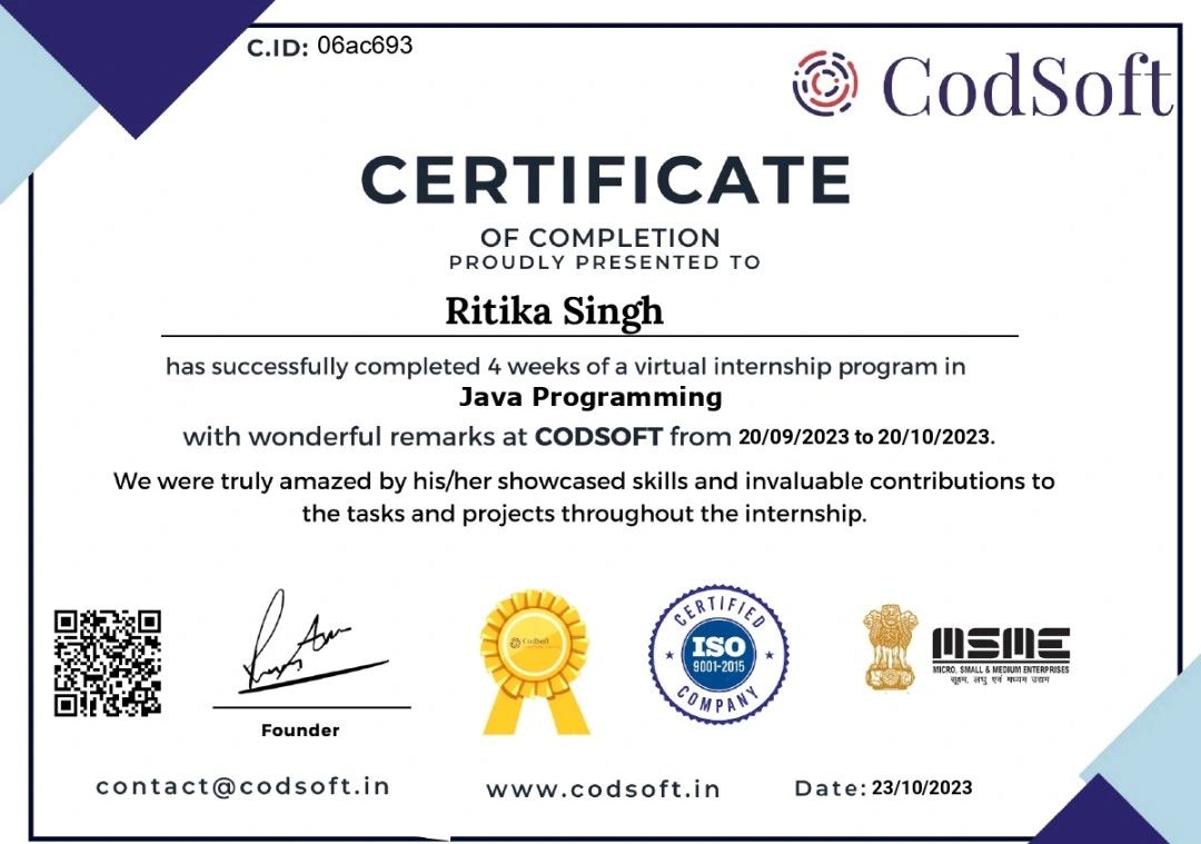 Ritika Singh on LinkedIn: #codsoft #cip #javadeveloper Ritika Singh on LinkedIn: #codsoft #cip #javadeveloper