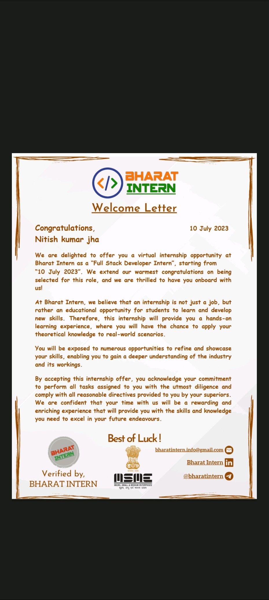Nitish Jha on LinkedIn: #bharatintern #thankyou Nitish Jha on LinkedIn: #bharatintern #thankyou