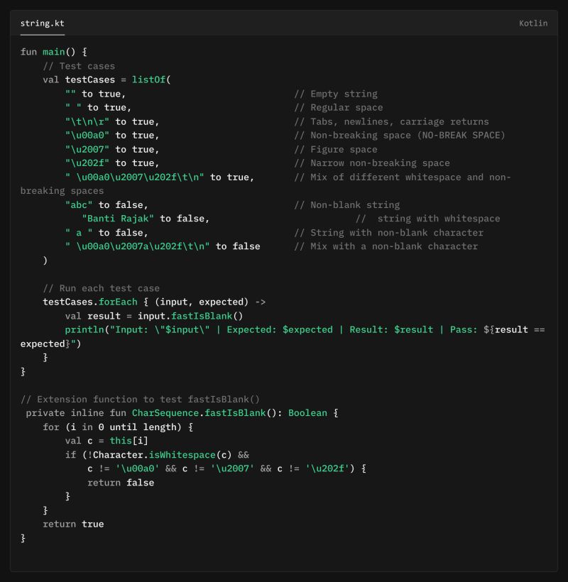 Banti Rajak on LinkedIn: π Kotlin Tip: Efficiently Check if a String is ... Banti Rajak on LinkedIn: π Kotlin Tip: Efficiently Check if a String is ...