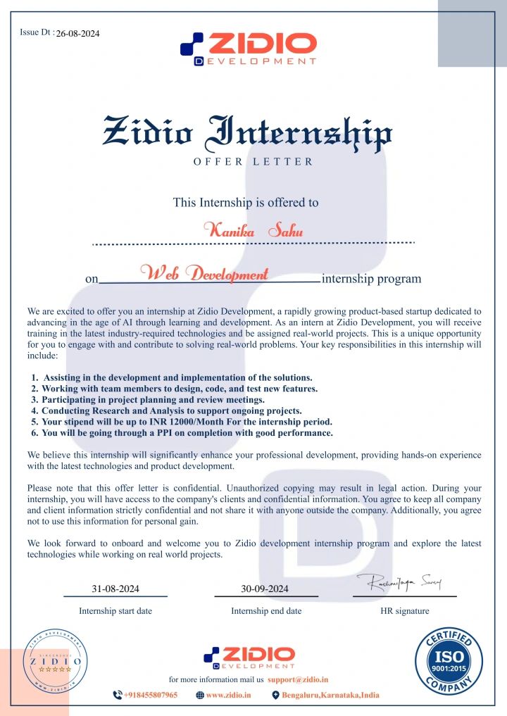 Kanika Sahu on LinkedIn: #internship #zidio Kanika Sahu on LinkedIn: #internship #zidio