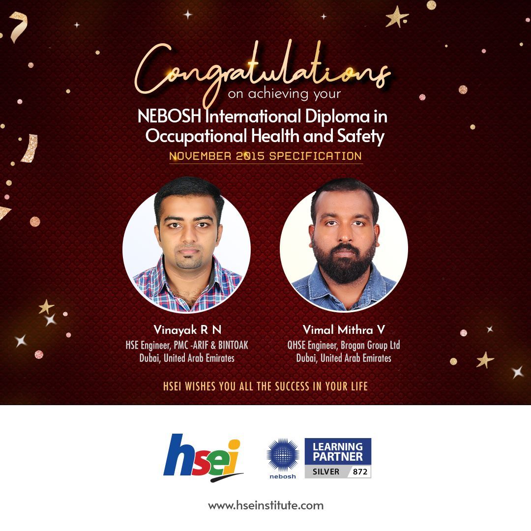 HSEI on LinkedIn: Congratulations Vinayak Nair (IDip NEBOSH) and Vimal ... HSEI on LinkedIn: Congratulations Vinayak Nair (IDip NEBOSH) and Vimal ...