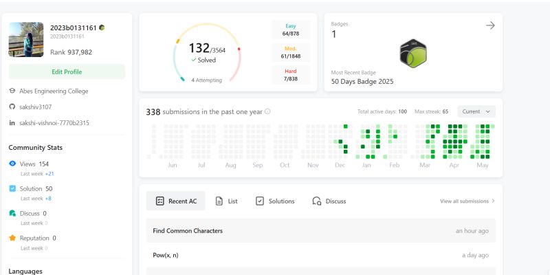 🌟 Celebrating a Milestone: 100+ LeetCode Problems Solved! | Sakshi Vishnoi 🌟 Celebrating a Milestone: 100+ LeetCode Problems Solved! | Sakshi Vishnoi