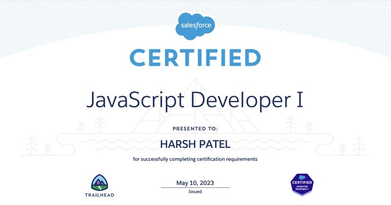 Harsh Patel on LinkedIn: #salesforcecertified #javascriptdeveloper # ... Harsh Patel on LinkedIn: #salesforcecertified #javascriptdeveloper # ...